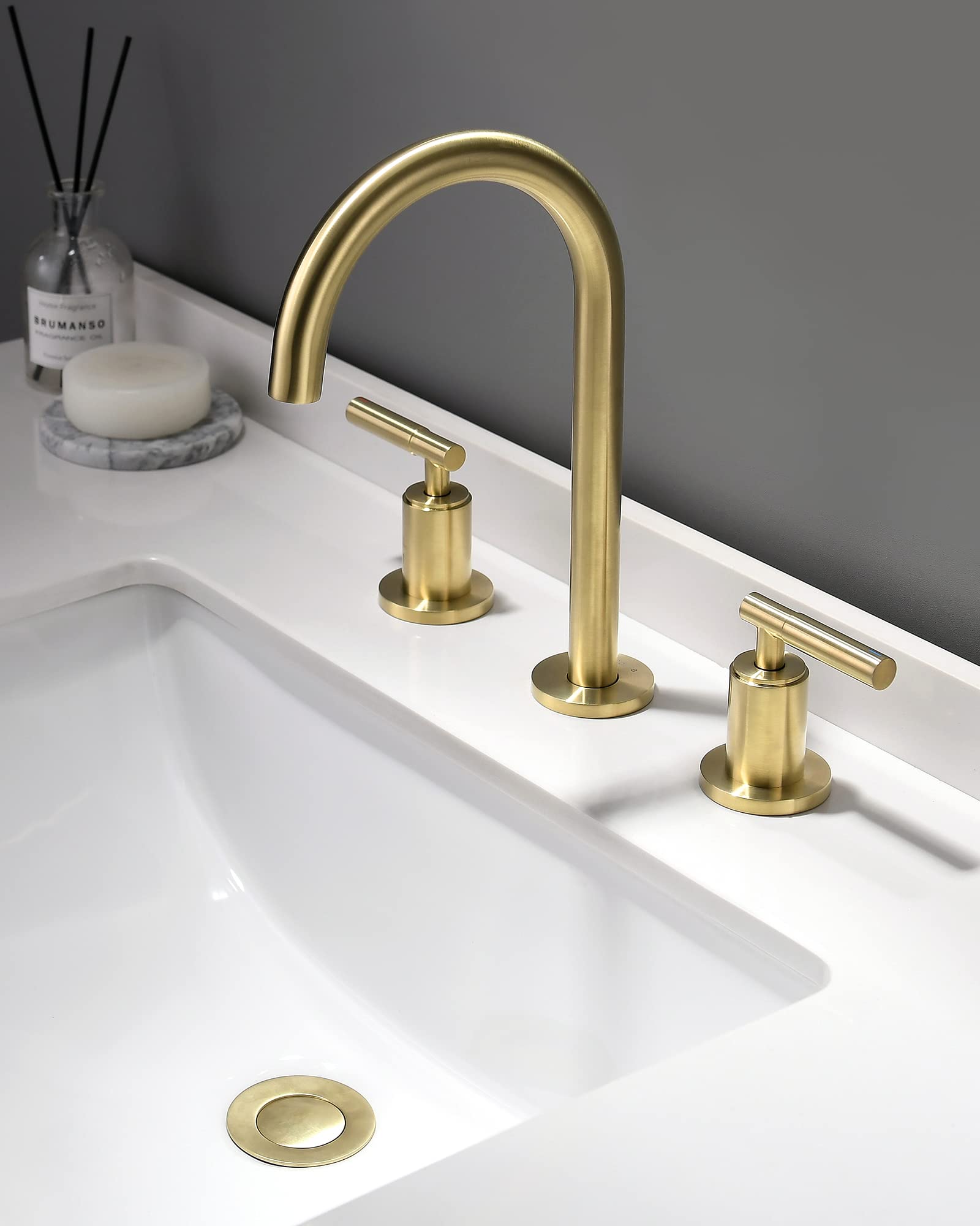 Brushed Gold Bathroom Faucet, Indare Two Handles 360° Swivel Spout Widespread 4Inch 8Inch Brass Bathroom Sink Faucet 3 Hole with Pop-Up Drain and Water Supply Lines, Upgraded Style