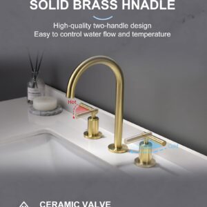 Brushed Gold Bathroom Faucet, Indare Two Handles 360° Swivel Spout Widespread 4Inch 8Inch Brass Bathroom Sink Faucet 3 Hole with Pop-Up Drain and Water Supply Lines, Upgraded Style