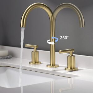 Brushed Gold Bathroom Faucet, Indare Two Handles 360° Swivel Spout Widespread 4Inch 8Inch Brass Bathroom Sink Faucet 3 Hole with Pop-Up Drain and Water Supply Lines, Upgraded Style