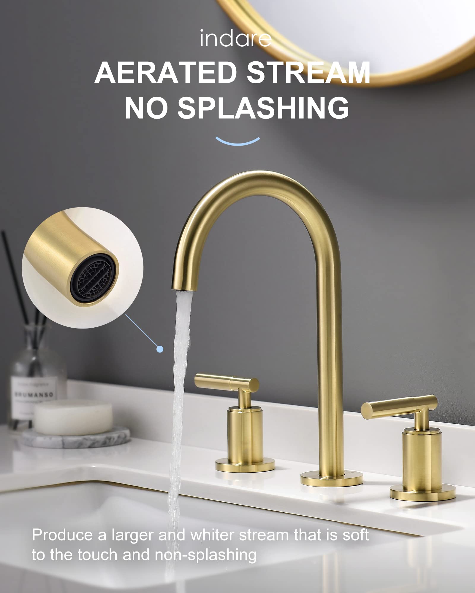 Brushed Gold Bathroom Faucet, Indare Two Handles 360° Swivel Spout Widespread 4Inch 8Inch Brass Bathroom Sink Faucet 3 Hole with Pop-Up Drain and Water Supply Lines, Upgraded Style