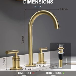 Brushed Gold Bathroom Faucet, Indare Two Handles 360° Swivel Spout Widespread 4Inch 8Inch Brass Bathroom Sink Faucet 3 Hole with Pop-Up Drain and Water Supply Lines, Upgraded Style