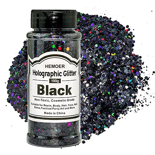 HEMOER Black Glitter 100g/3.5oz Holographic Chunky Sequins, Cosmetic Craft Glitters Set for Resin, Body, Hair, Face, Nail, Slime Festival Party Art and More