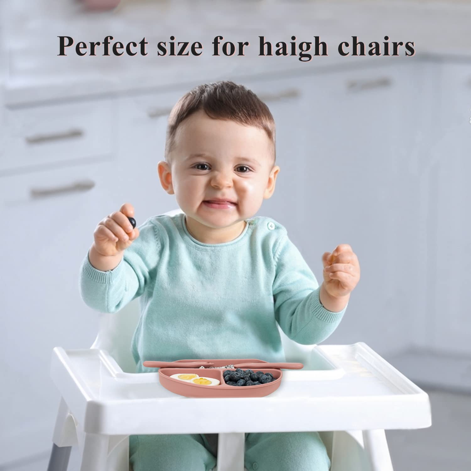 COTTONBEBE Baby Plates with Suction, Non Slip Silicone Suction Plate for Baby 6-36 months Boy & Girl, Dishwasher Safe Baby Led Weaning Supplies, Toddler Fork Spoon Utensils Set for Highchair, Brown