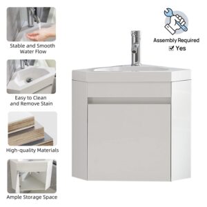 wonline 16" Corner Bathroom Vanity Sink Combo for Small Space Wall Mounted Cabinet Set Design White Resin Basin Sink Top Chrome Faucet and Drain