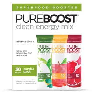 pureboost superfoods clean energy drink mix with apple cider vinegar, 7 organic red or green superfoods. no sugar. no sucralose. boosted with electrolytes & 25 vitamins. (30 count, combo)