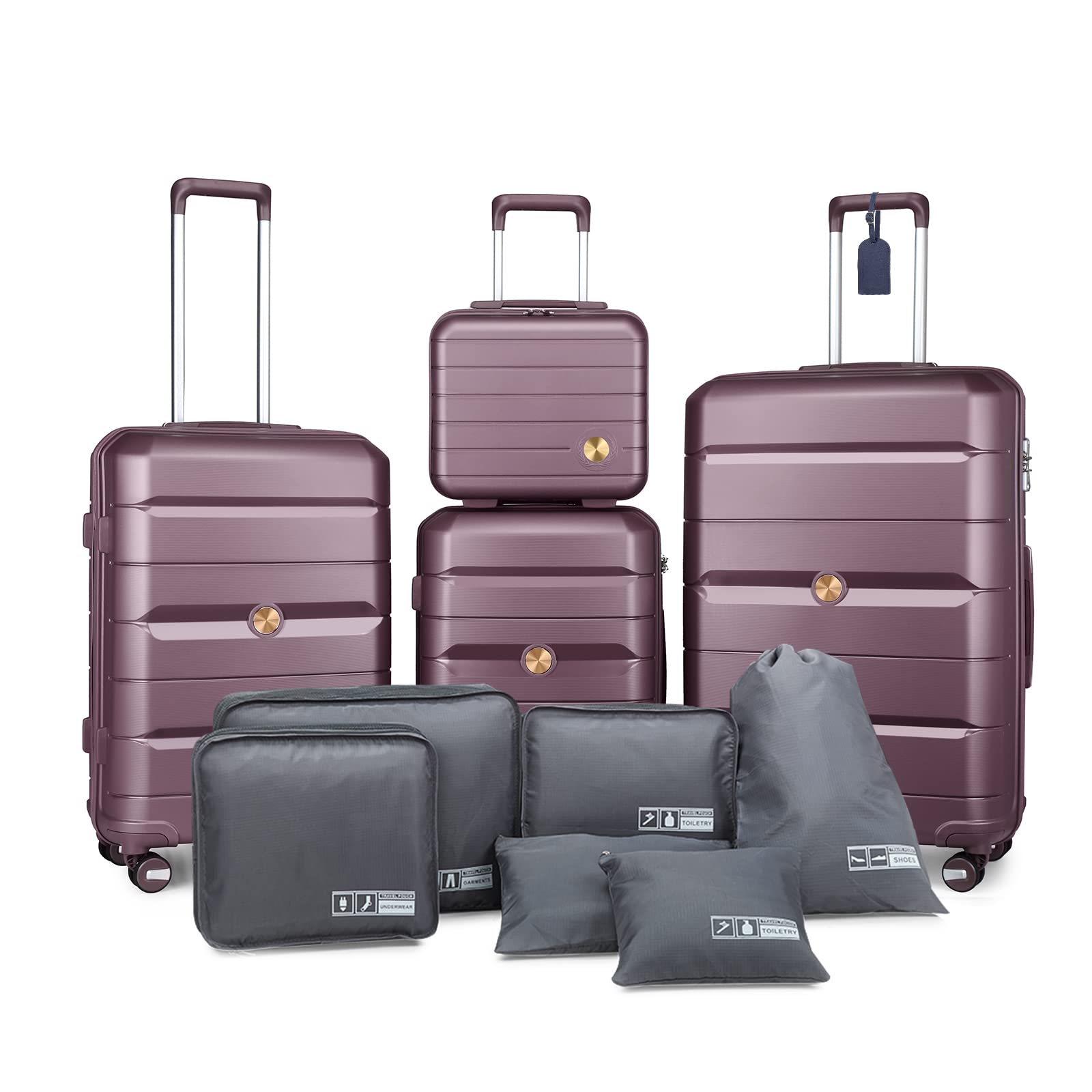 Somago Luggage Sets 3 Piece Spinner Hardside PP Suitcase with TSA Lock 4 Piece Set with 6 Set Packing Cubes for Travel (Elegant Purple)