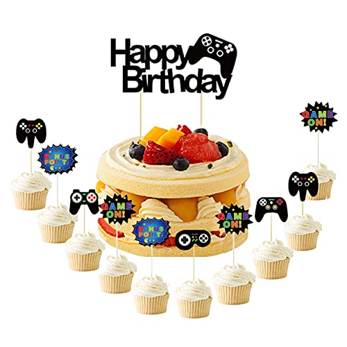 BIEUFBJI Video Game Cake Topper 11 pcs Video Game Theme Double Sided Glitter Cake Decoration, Birthday Party Supplies for Game Fans, Kids and Men