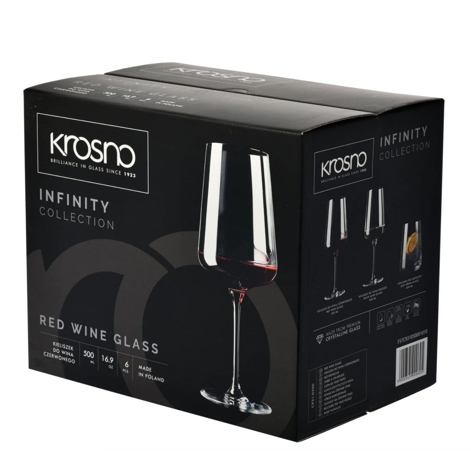 Krosno Red Wine Glasses | Elegant Design | Set of 6 | 16.91 oz | Infinity Collection | Traditional Craft | Ideal for Home Restaurant and Party | Dishwasher Safe | Gift Idea | Made in Europe