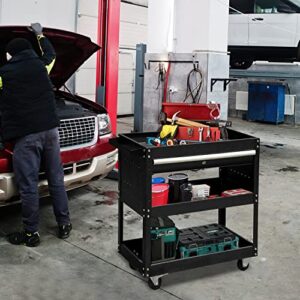 3-Tier Tool Cart Rolling Mechanic Service Cart on Wheels with Drawer, 330lbs Capacity Utility Cart, Big Rolling Tool Storage Cart and Tool Organizer for Garage Warehouse Workshop and Room (Black)