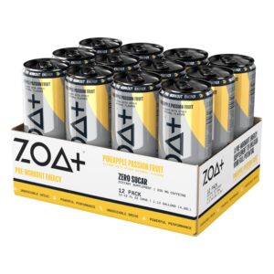 ZOA+ Pre-Workout Energy Drink Supplement - NSF Certified for Sport with Zero Sugar, Nitric Oxide Support, B & D Vitamins, Amino Acids, and Electrolytes (Pineapple Passion Fruit)