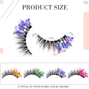 Halloween False Lashes 6D Fluffy Glitter Eyelashes Long Dramatic Colorful Lashes Fun Fake Eyelashes Wispy Mink Costume Eyelashes for Halloween Cosplay Drag Queen Makeup, 4 Pairs(Elegant Style)