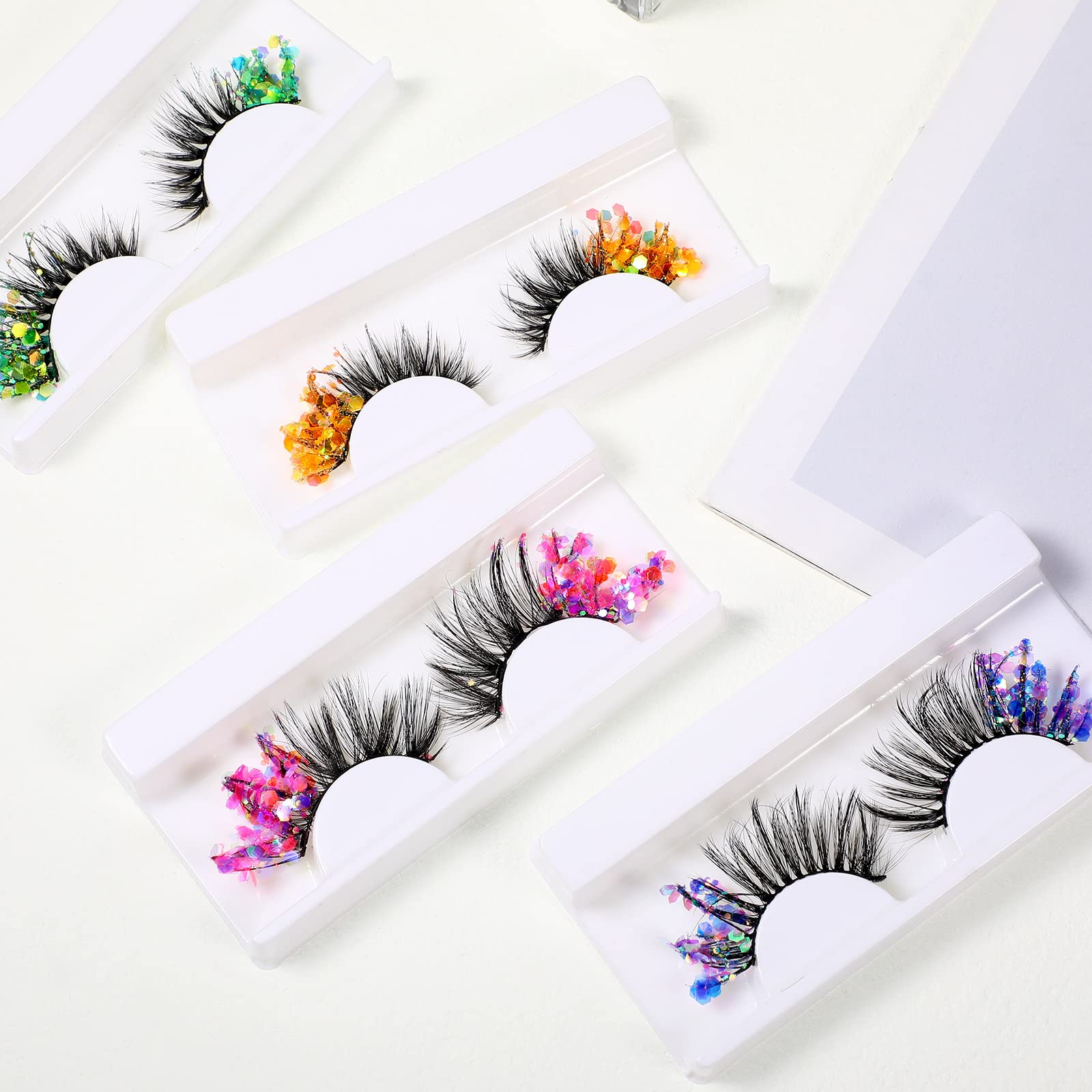 Halloween False Lashes 6D Fluffy Glitter Eyelashes Long Dramatic Colorful Lashes Fun Fake Eyelashes Wispy Mink Costume Eyelashes for Halloween Cosplay Drag Queen Makeup, 4 Pairs(Elegant Style)