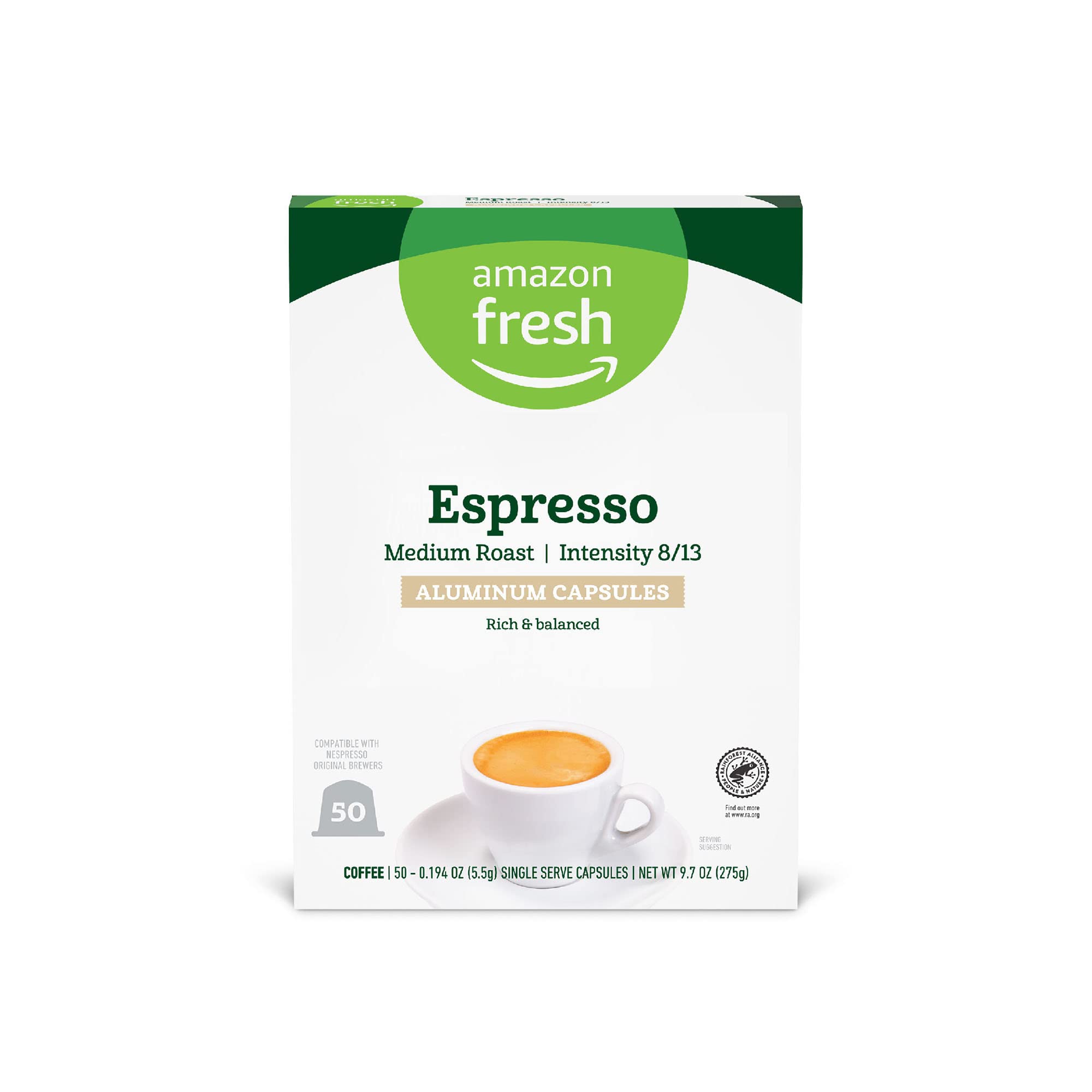 Amazon Fresh Espresso Medium Roast Aluminum Capsules, Compatible with Nespresso Original Brewers, Intensity 8/13, 50 Count (5 Packs of 10)