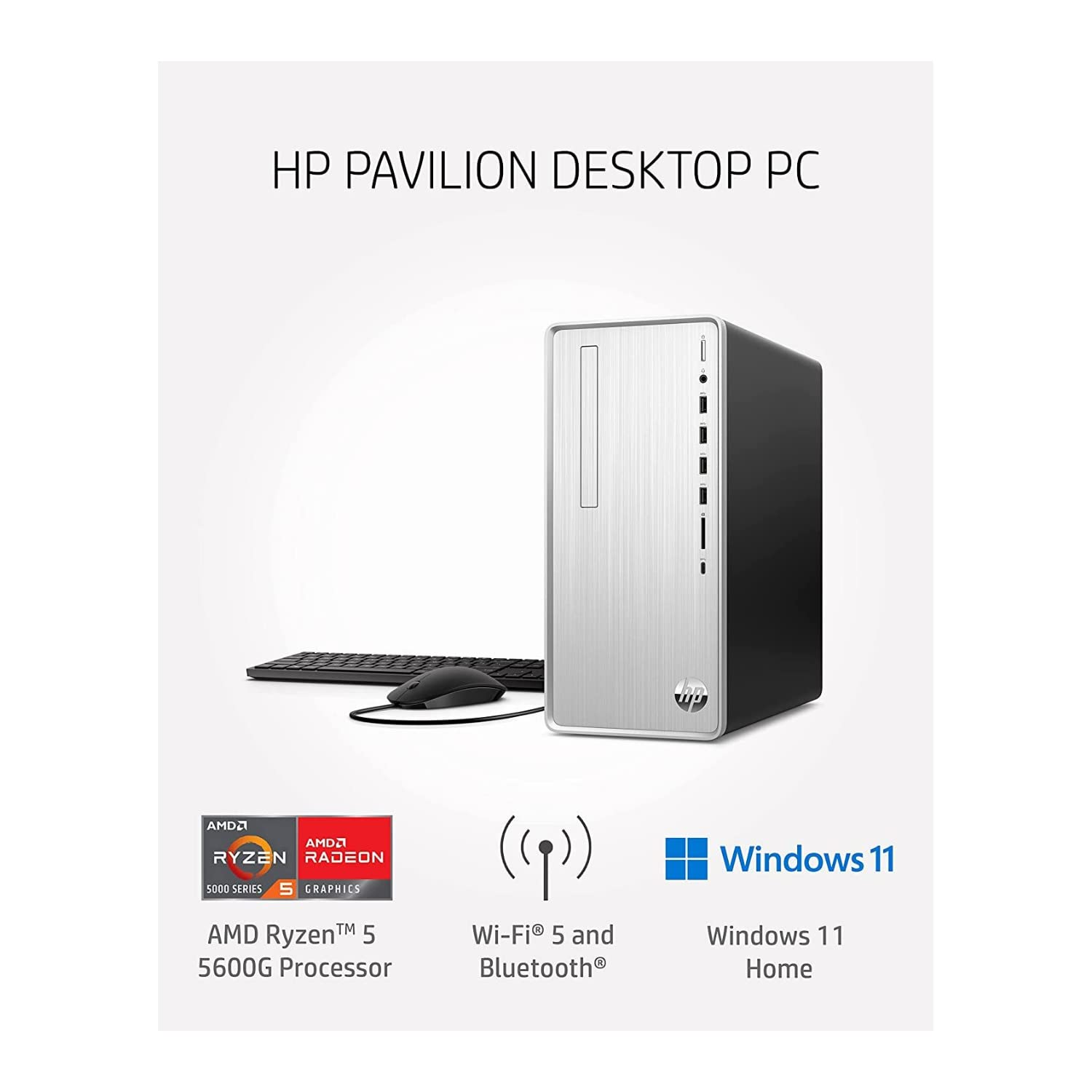 HP Pavilion Desktop PC, AMD Ryzen 5 5600G, 12 GB RAM, 512 GB SSD, Windows 11 Home, Wi-Fi 5 & Bluetooth Connectivity, 9 USB Ports, Wired Keyboard and Mouse Combo, Pre-Built PC Tower (TP01-2040, 2022)