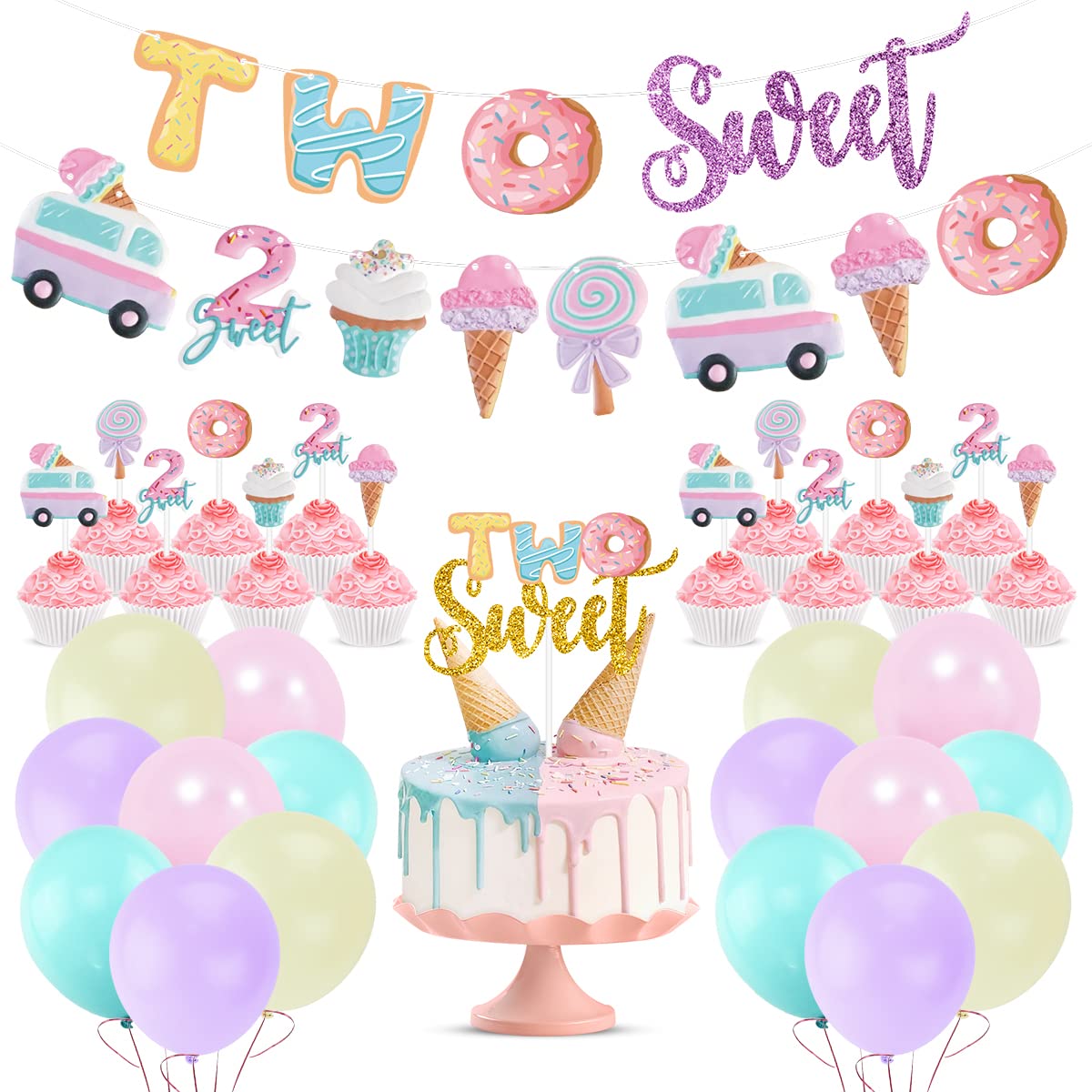 Two Sweet Ice Cream Birthday Party Decorations, Two Sweet Party Banner Cake Cupcake Toppers Macaron Balloons for Kid Ice Cream/Donut Theme Second Birthday Party Girls Ice Cream 2nd Bday Party Supplies