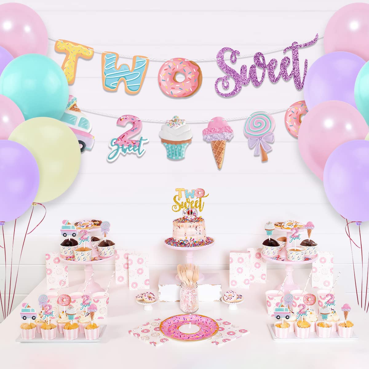 Two Sweet Ice Cream Birthday Party Decorations, Two Sweet Party Banner Cake Cupcake Toppers Macaron Balloons for Kid Ice Cream/Donut Theme Second Birthday Party Girls Ice Cream 2nd Bday Party Supplies