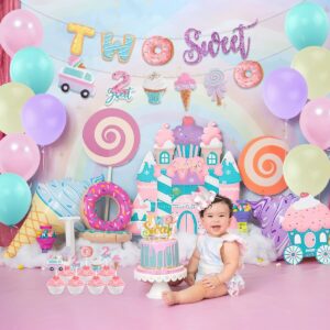 Two Sweet Ice Cream Birthday Party Decorations, Two Sweet Party Banner Cake Cupcake Toppers Macaron Balloons for Kid Ice Cream/Donut Theme Second Birthday Party Girls Ice Cream 2nd Bday Party Supplies