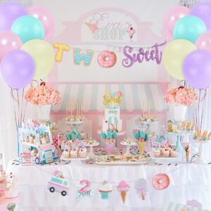 Two Sweet Ice Cream Birthday Party Decorations, Two Sweet Party Banner Cake Cupcake Toppers Macaron Balloons for Kid Ice Cream/Donut Theme Second Birthday Party Girls Ice Cream 2nd Bday Party Supplies