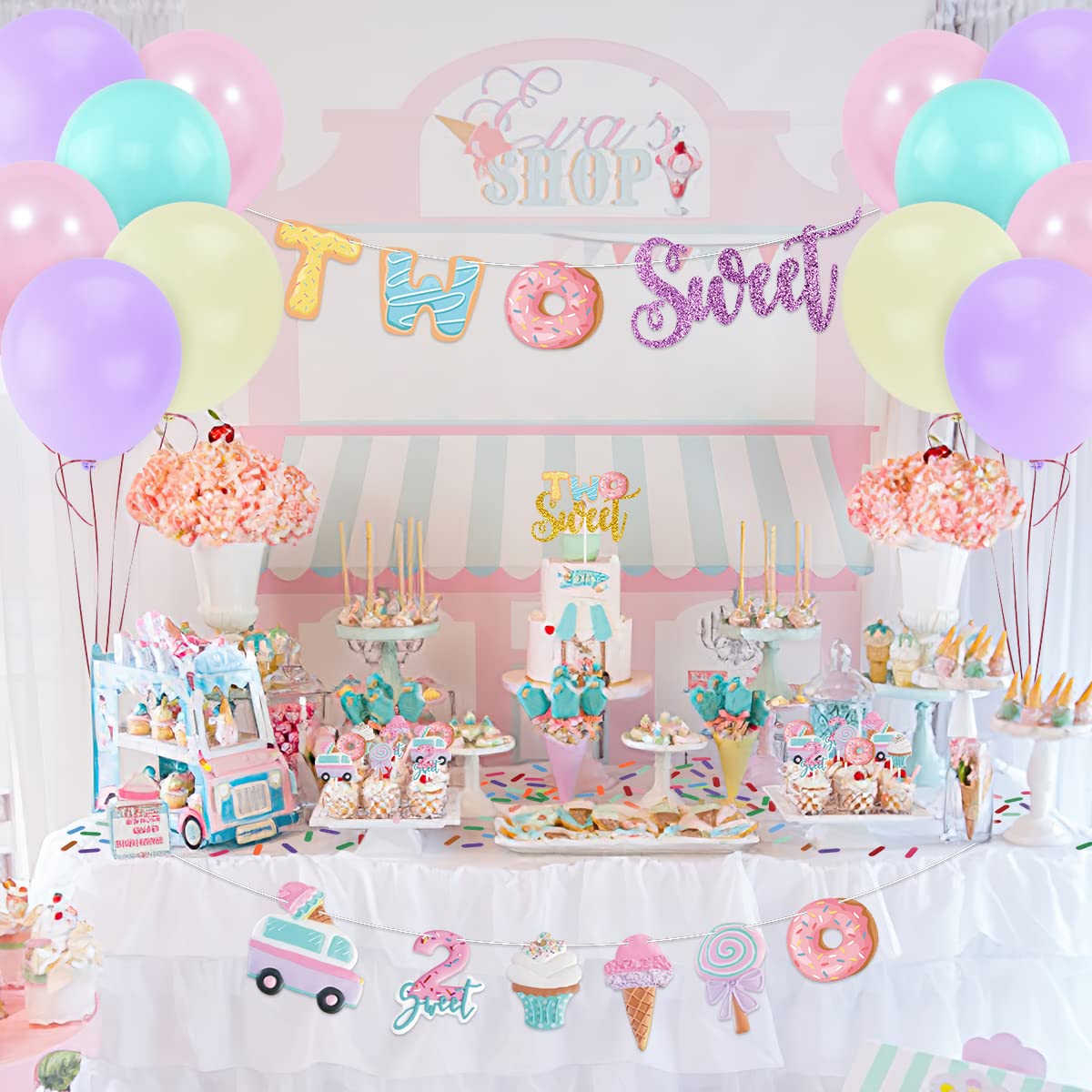 Two Sweet Ice Cream Birthday Party Decorations, Two Sweet Party Banner Cake Cupcake Toppers Macaron Balloons for Kid Ice Cream/Donut Theme Second Birthday Party Girls Ice Cream 2nd Bday Party Supplies