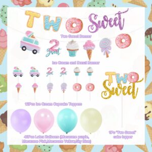 Two Sweet Ice Cream Birthday Party Decorations, Two Sweet Party Banner Cake Cupcake Toppers Macaron Balloons for Kid Ice Cream/Donut Theme Second Birthday Party Girls Ice Cream 2nd Bday Party Supplies