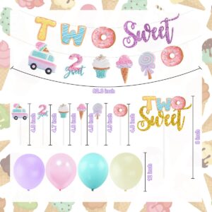 Two Sweet Ice Cream Birthday Party Decorations, Two Sweet Party Banner Cake Cupcake Toppers Macaron Balloons for Kid Ice Cream/Donut Theme Second Birthday Party Girls Ice Cream 2nd Bday Party Supplies