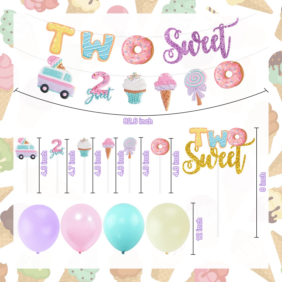 Two Sweet Ice Cream Birthday Party Decorations, Two Sweet Party Banner Cake Cupcake Toppers Macaron Balloons for Kid Ice Cream/Donut Theme Second Birthday Party Girls Ice Cream 2nd Bday Party Supplies