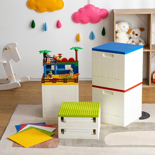 SHIMOYAMA Collapsible Storage Box with Building Baseplate Lid for Duplo Blocks, 26 Qt. Stackable Bricks Storage Bins, 25L Folding Utility Container for Lego Duplo Bricks, Red