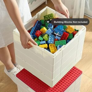 SHIMOYAMA Collapsible Storage Box with Building Baseplate Lid for Duplo Blocks, 26 Qt. Stackable Bricks Storage Bins, 25L Folding Utility Container for Lego Duplo Bricks, Red