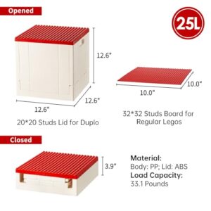 SHIMOYAMA Collapsible Storage Box with Building Baseplate Lid for Duplo Blocks, 26 Qt. Stackable Bricks Storage Bins, 25L Folding Utility Container for Lego Duplo Bricks, Red