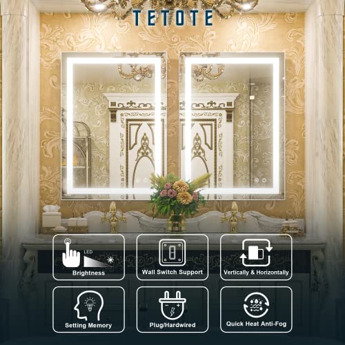 TETOTE 20 x 28 LED Bathroom Mirror with Lights White/Warm/Natural,Dimmable,CRI90,IP54 Waterproof,Wall Mounted,Anti-Fog,Vanity Mirror(Horizontal/Vertical)