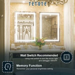 TETOTE 20 x 28 LED Bathroom Mirror with Lights White/Warm/Natural,Dimmable,CRI90,IP54 Waterproof,Wall Mounted,Anti-Fog,Vanity Mirror(Horizontal/Vertical)