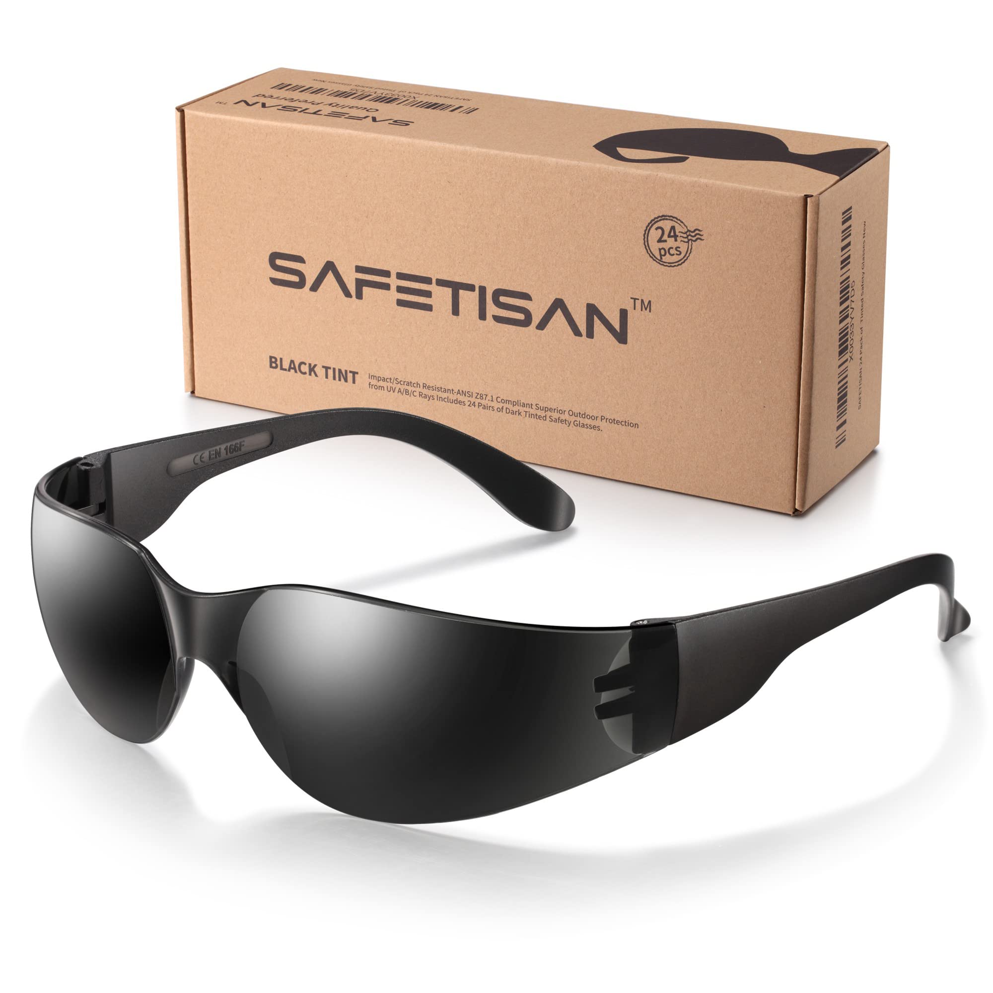 SAFETISAN Tinted Safety Glasses Bulk, 24 Pack, Protective Shaded Safety Goggles, UV Protection Sunglasses, Scratch & Impact Resistant Dark Smoke Lense | Perfect for Construction, Shooting, Lab Work