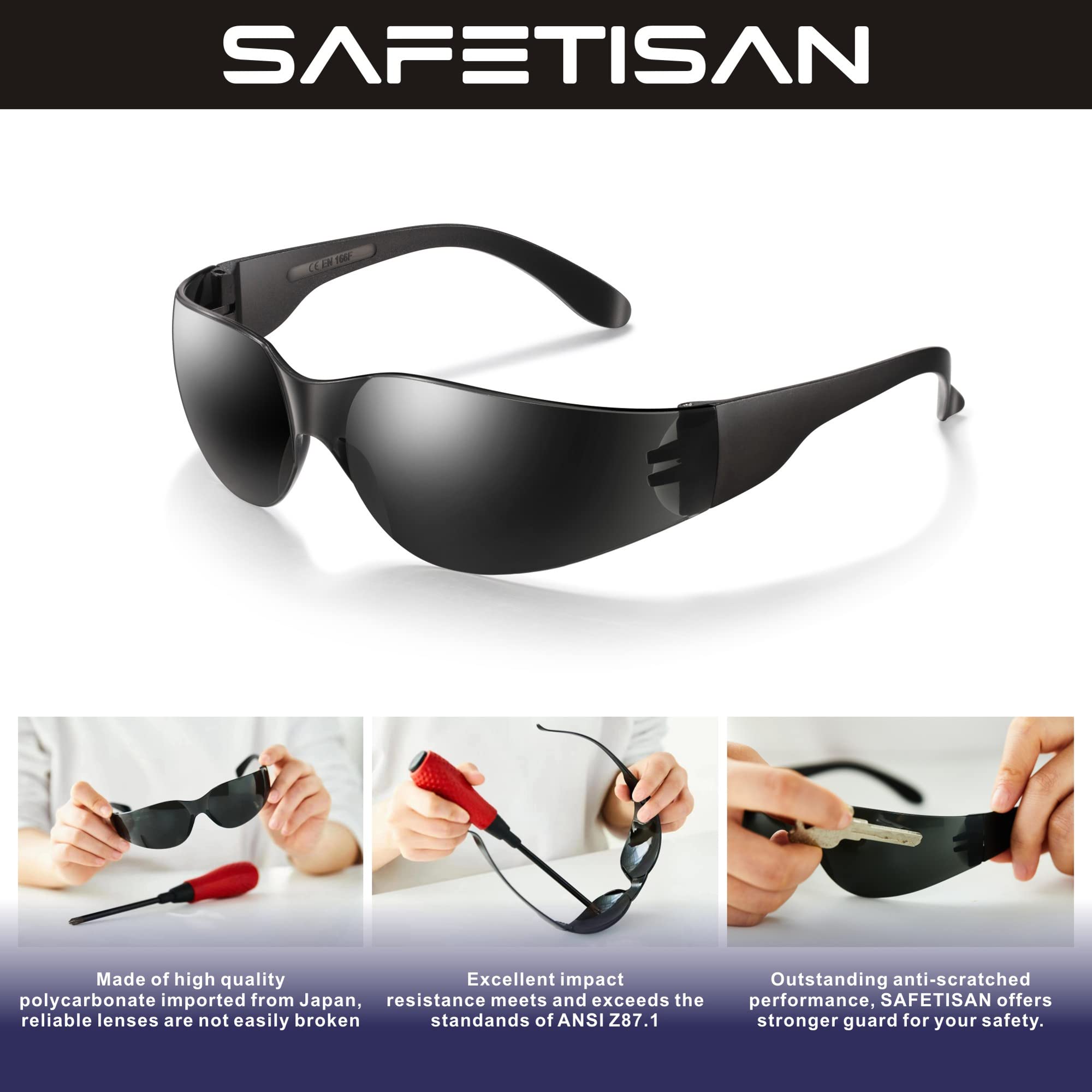 SAFETISAN Tinted Safety Glasses Bulk, 24 Pack, Protective Shaded Safety Goggles, UV Protection Sunglasses, Scratch & Impact Resistant Dark Smoke Lense | Perfect for Construction, Shooting, Lab Work