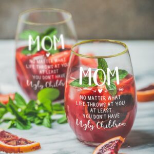 NICKANE 12oz Mom Wine Glass with Gift Box as Christmas, Birthday Gifts for Mother, Women - Mom You Don't Have Ugly Children Mom Glass - Fun Mothers Day Gifts for Mom from Daughter, Son