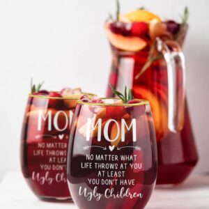 NICKANE 12oz Mom Wine Glass with Gift Box as Christmas, Birthday Gifts for Mother, Women - Mom You Don't Have Ugly Children Mom Glass - Fun Mothers Day Gifts for Mom from Daughter, Son