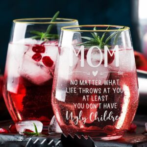 NICKANE 12oz Mom Wine Glass with Gift Box as Christmas, Birthday Gifts for Mother, Women - Mom You Don't Have Ugly Children Mom Glass - Fun Mothers Day Gifts for Mom from Daughter, Son