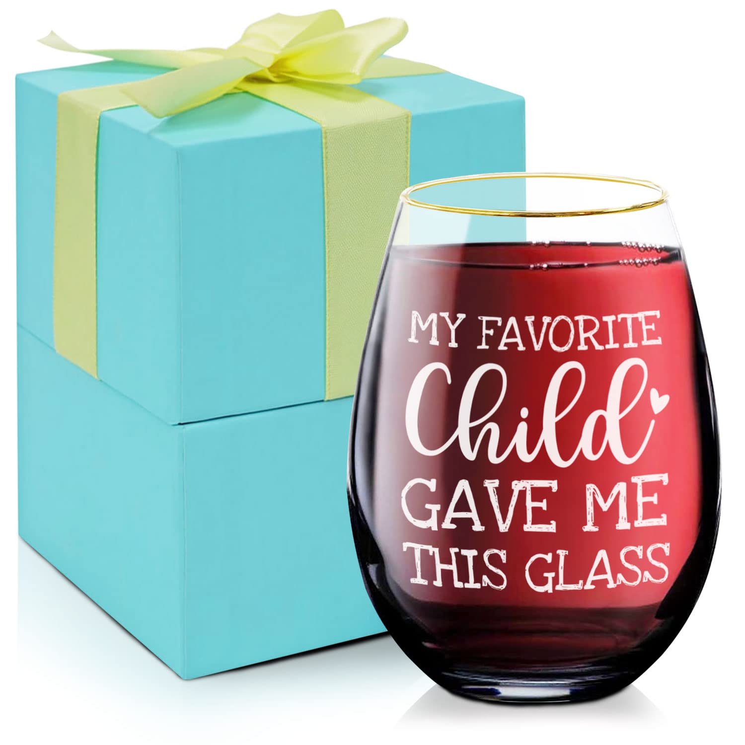 NICKANE 12oz Mom Wine Glass with Golden Rim, Gift Box as Christmas, Birthday Gifts for Mother, Step Mother - My Favorite Child Gave Me This Glass - Fun Mothers Day Gifts for Mom from Daughter, Son