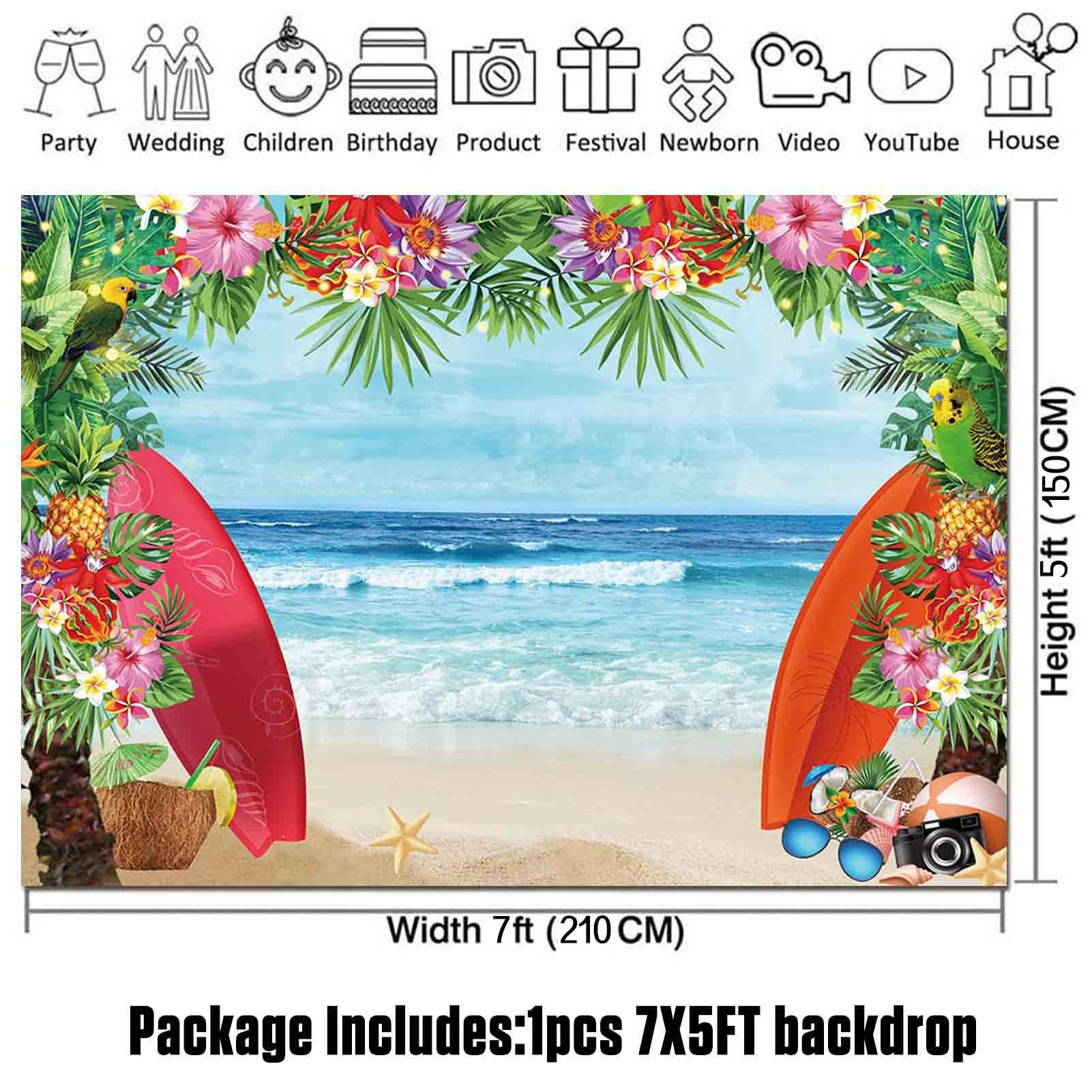 HQM 7x5FT Fabric Summer Tropical Beach Photo Background Beach Conch Hawaii Blue Sea Flower Children Birthday Luau Party Photography Backdrop Kids Baby Shower Cake Table Decor Supplies