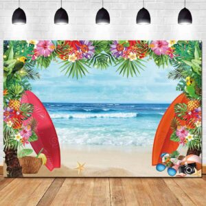 HQM 7x5FT Fabric Summer Tropical Beach Photo Background Beach Conch Hawaii Blue Sea Flower Children Birthday Luau Party Photography Backdrop Kids Baby Shower Cake Table Decor Supplies