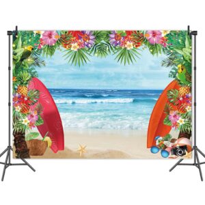 HQM 7x5FT Fabric Summer Tropical Beach Photo Background Beach Conch Hawaii Blue Sea Flower Children Birthday Luau Party Photography Backdrop Kids Baby Shower Cake Table Decor Supplies