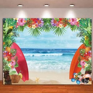 HQM 7x5FT Fabric Summer Tropical Beach Photo Background Beach Conch Hawaii Blue Sea Flower Children Birthday Luau Party Photography Backdrop Kids Baby Shower Cake Table Decor Supplies