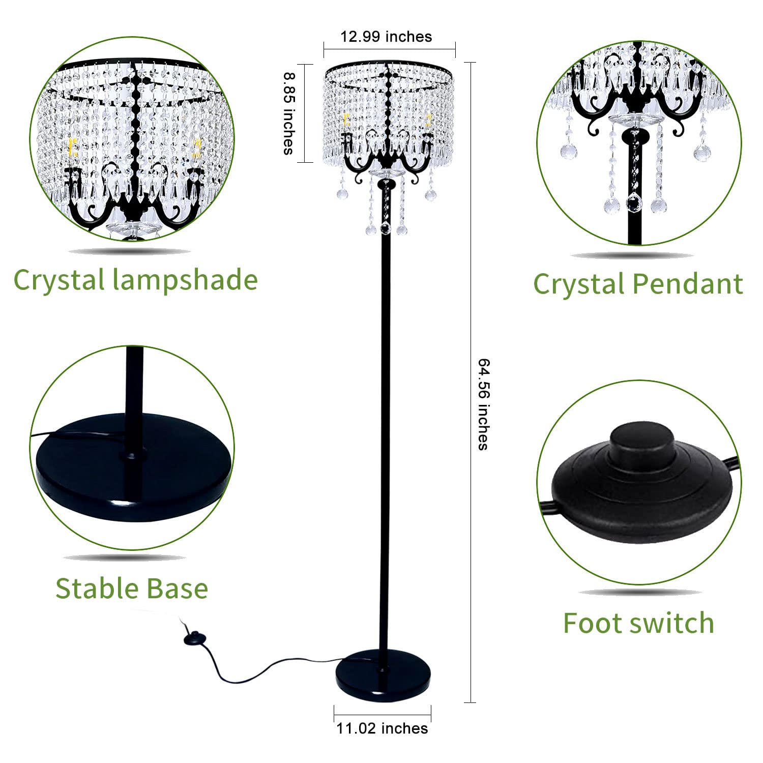 Hsyile KU300267 Modern Elegance Crystal Floor Lamp for Living Room,Bedroom,Office - Standing Tall Pole Lamp - Classic Black