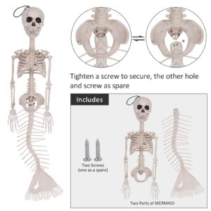 DECORLIFE 30" Mermaid Skeleton, Skeleton Halloween Decoration, Hanging Posable Halloween Prop for Haunted House, Trunk or Treat, Bathroom