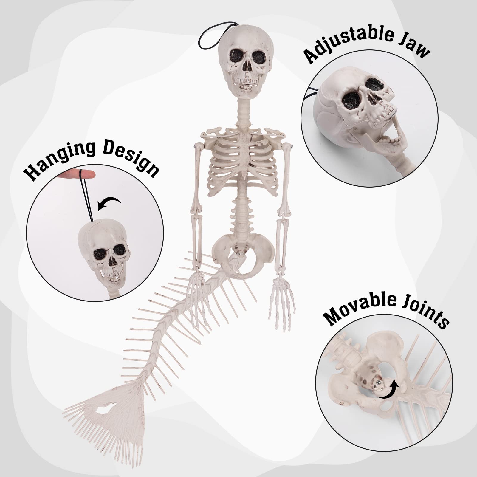 DECORLIFE 30" Mermaid Skeleton, Skeleton Halloween Decoration, Hanging Posable Halloween Prop for Haunted House, Trunk or Treat, Bathroom