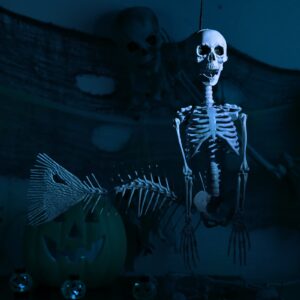 DECORLIFE 30" Mermaid Skeleton, Skeleton Halloween Decoration, Hanging Posable Halloween Prop for Haunted House, Trunk or Treat, Bathroom