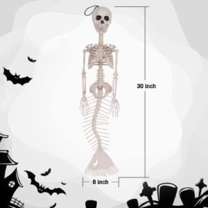 DECORLIFE 30" Mermaid Skeleton, Skeleton Halloween Decoration, Hanging Posable Halloween Prop for Haunted House, Trunk or Treat, Bathroom