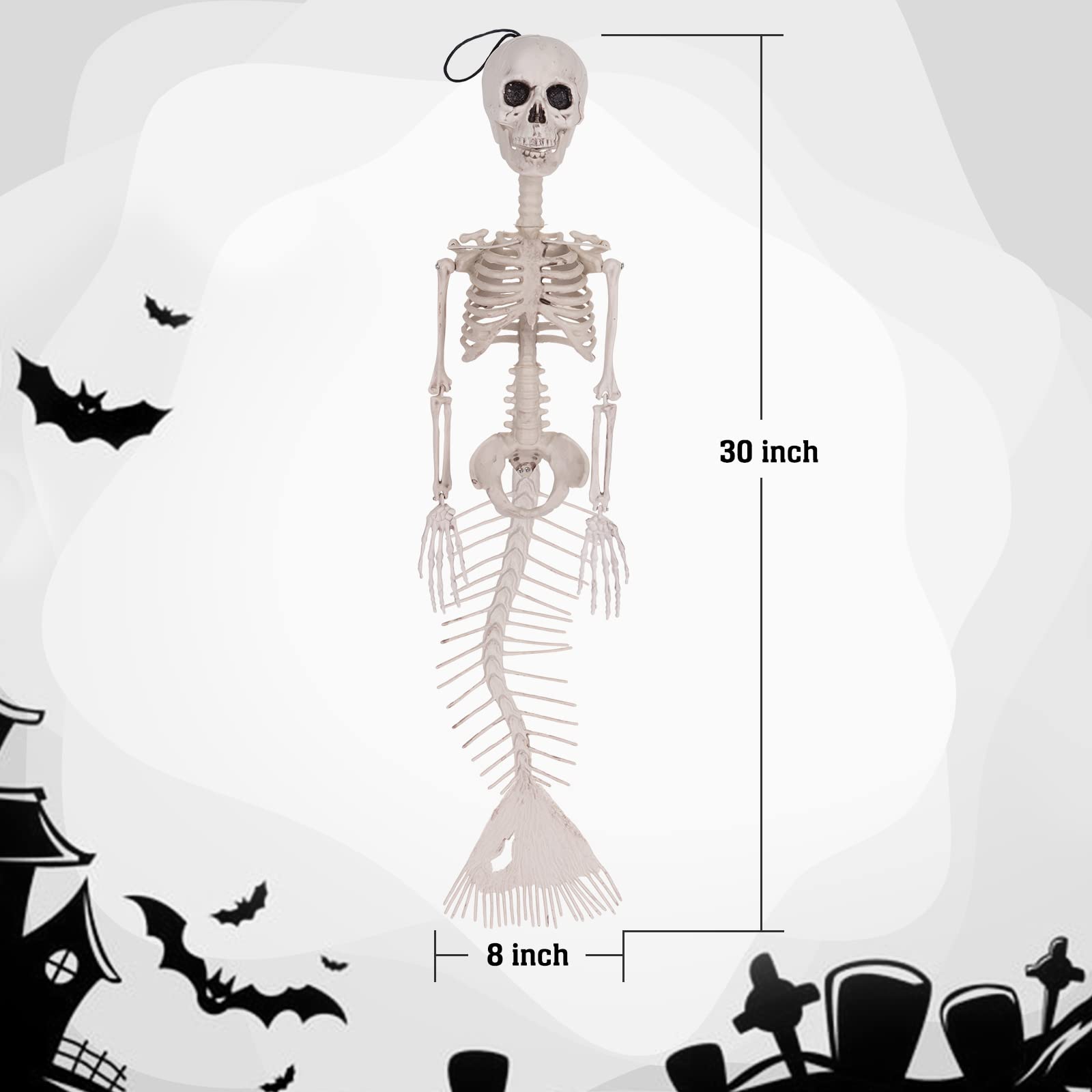 DECORLIFE 30" Mermaid Skeleton, Skeleton Halloween Decoration, Hanging Posable Halloween Prop for Haunted House, Trunk or Treat, Bathroom