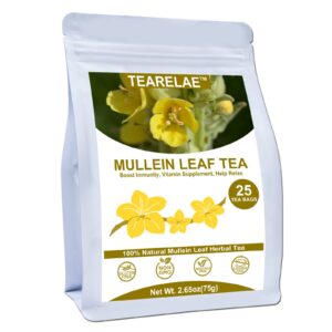 tearelae - mullein tea bags for lungs - 2.65 oz/75g (3g x 25 bags) - 100% pure natural premium mullein leaf tea - non-gmo - caffeine-free - good for respiratory system