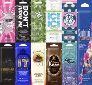 10 new tanning lotion sample packets, gluten free - major brands bronzer & intensifier - 10 assorted packets (11 packets), all