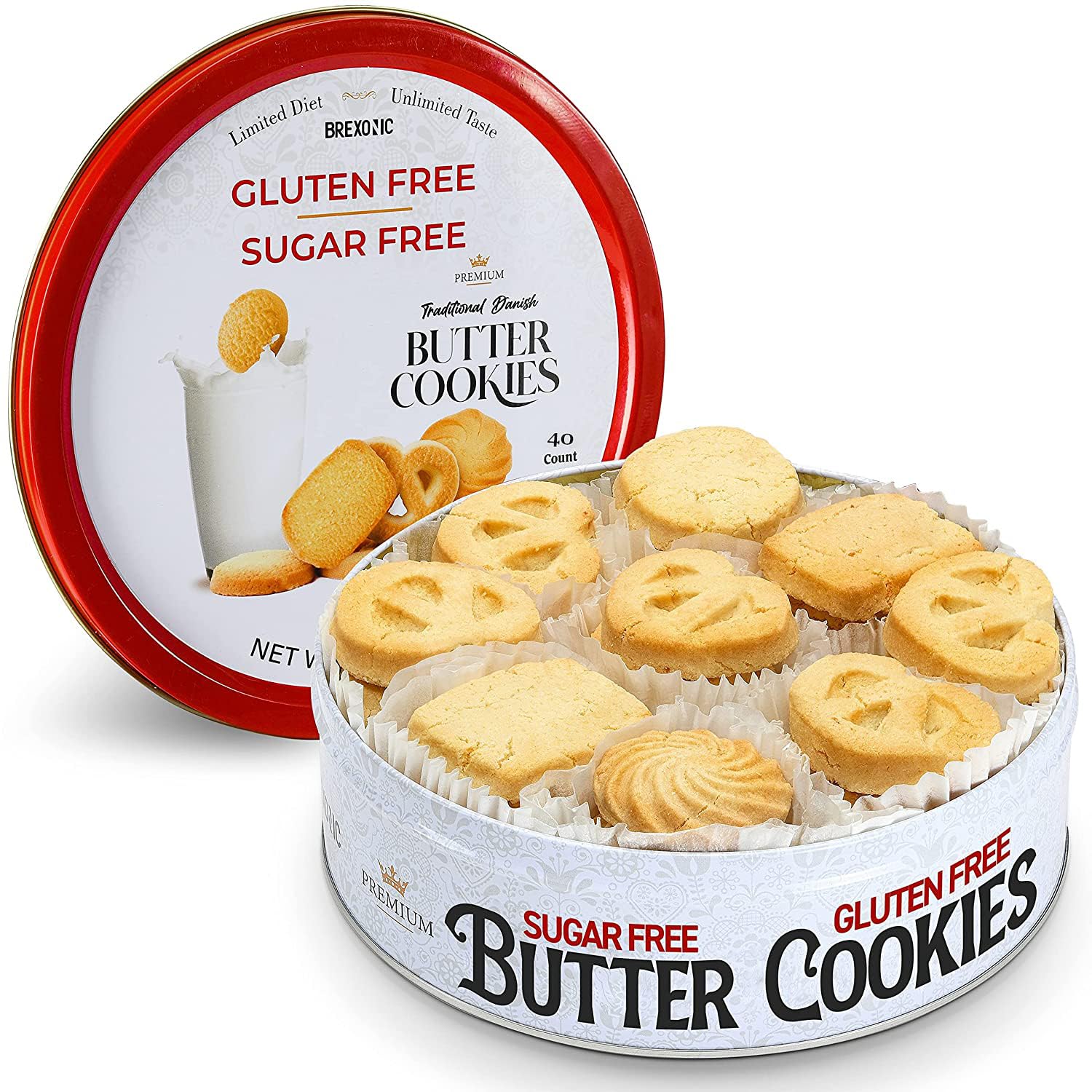 Gluten Free Sugar Free Butter Cookies 40 Count Traditional Danish Cookies, Premium Assorted Shortbread cookies for Diabetics (1 Pk, 12 Ounce)